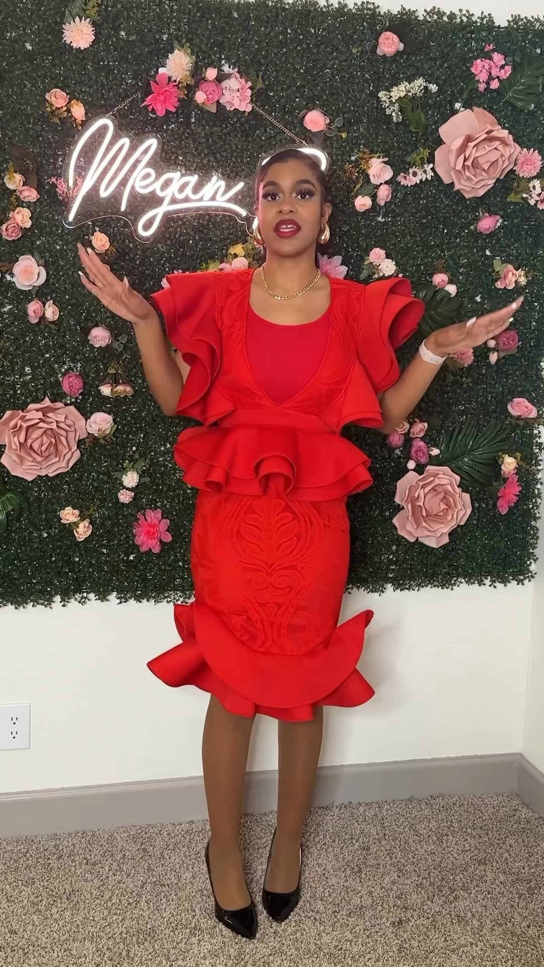 Red Ruffle Detail Plunge Midi Dress curated on LTK